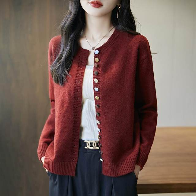 2024 Autumn Worsted Wool Cardigan Women's Round Neck Color Button Color ...