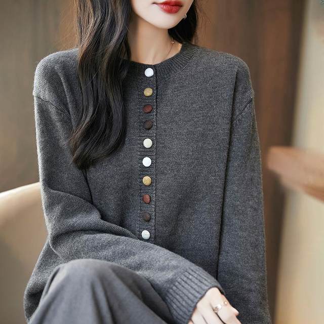 2024 Autumn Worsted Wool Cardigan Women's Round Neck Color Button Color ...