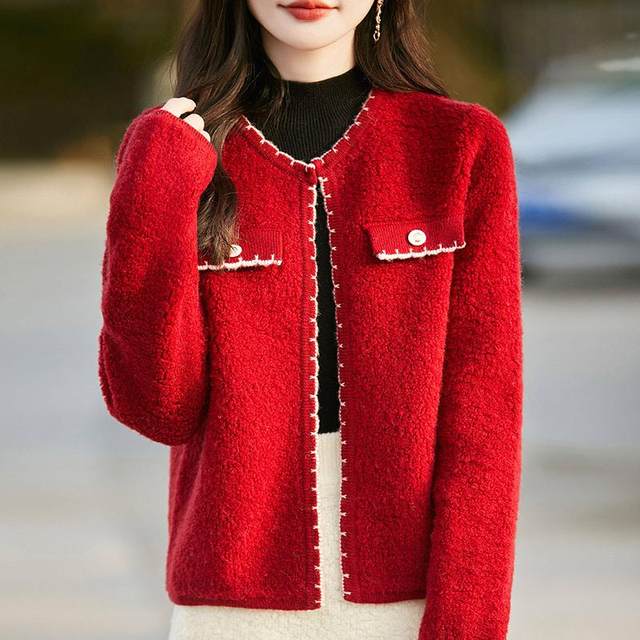 100% pure wool cardigan for women round neck small fragrance style ...