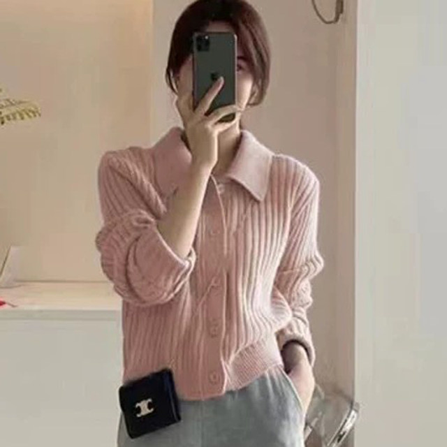 POLO collar 100% pure wool cardigan for women's pit strip thick sweater ...