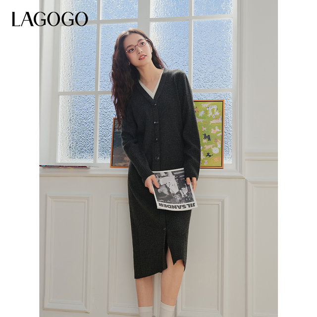 Lagogo contains wool needle knit dress female La Valley 2024 winter new Gray gray temperament ...