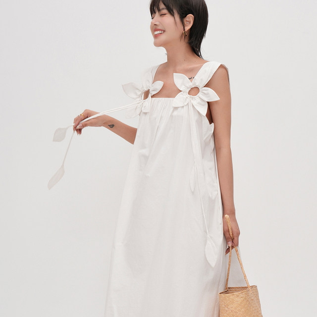 Tan Yanmi white suspender dress for women niche design long skirt solid ...