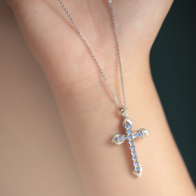 Natural Moon Stone Crystal Pure Silver Cross Sterling Pendant Necklace ...