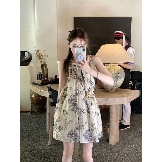 ASHY SNOW Pinellia Mountain Camellia Ya Shi Black White Printing Neck Top/Dress Women's Summer ...