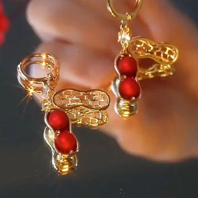 Red pearl peanut ear buckle earring female good things happen to mean ...