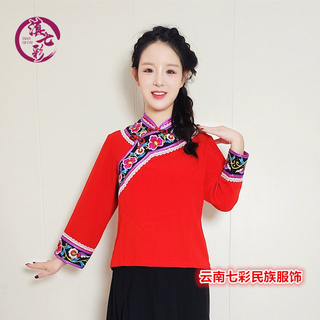 New style Chuxiong Yi left-foot dance women's top peony flower red ...
