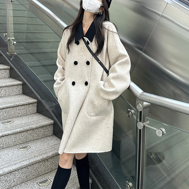 Contrast color doll collar woolen coat for women mid-length autumn and winter new style small ...