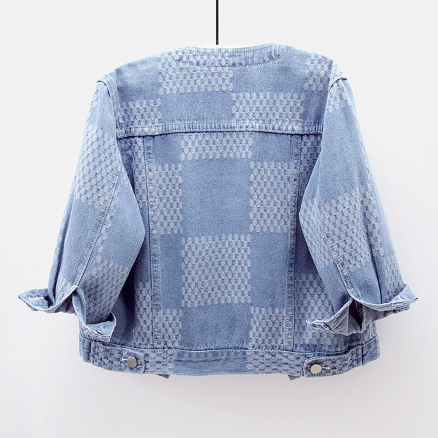 Round neck single -breasted denim outer set female short 2024 spring ...