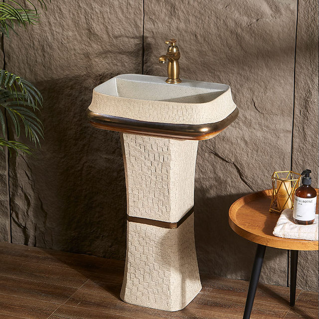 Carved gold edge stone wash basin bathroom pedestal basin courtyard ...