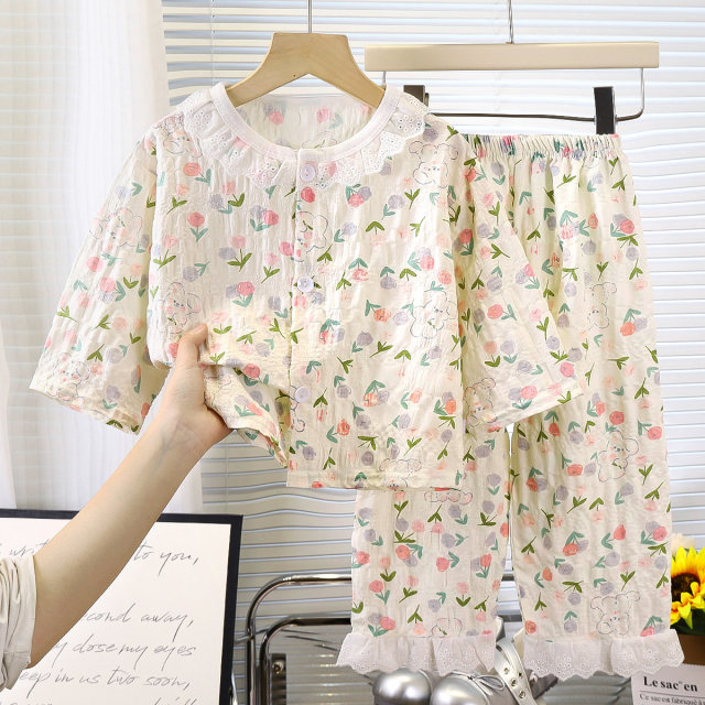 Children's summer home clothes thin breathable pajamas two-piece set ...