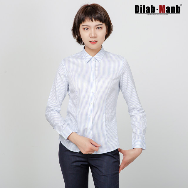 Dimeng no-iron shirt women's long-sleeved blue and white striped pure ...