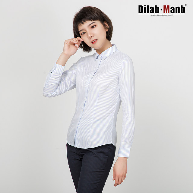 Dimeng no-iron shirt women's long-sleeved blue and white striped pure ...