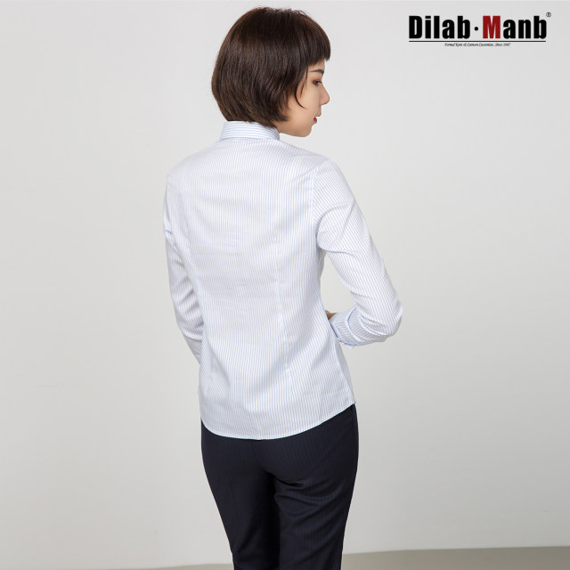 Dimeng no-iron shirt women's long-sleeved blue and white striped pure ...