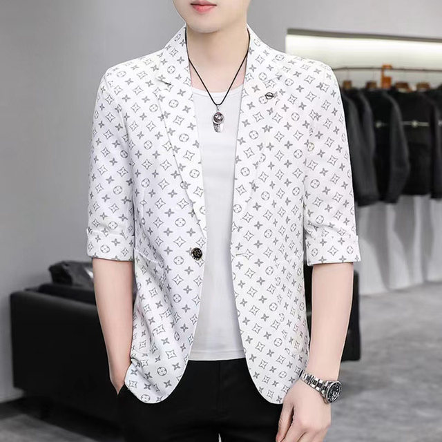 Seven -point sleeve printed small suit Men's summer trendy slim sleeve ...