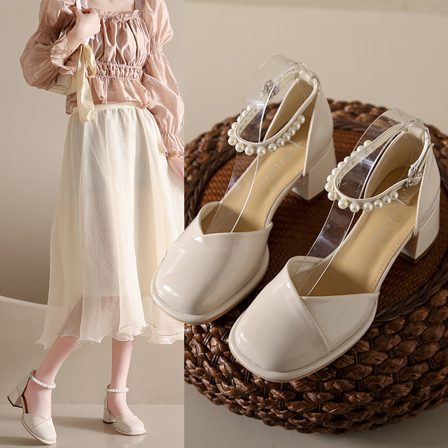 Pearl Sandals for Women in Spring and Summer 2025 New Patent Leather ...