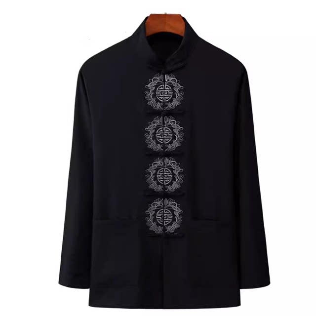 Spring and summer Tang suit long-sleeved shirt stand collar Chinese men ...
