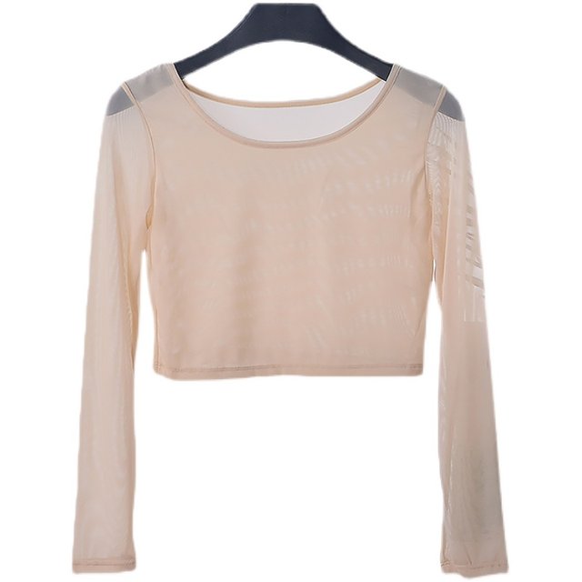 Half -umbilical umbilicus with a see mesh bottoming shirt low -necked ...