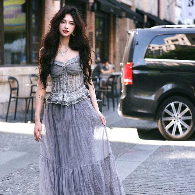 AZure Retro Heavy Industry Tie-Dye Lace Camisole Smudged Vest High ...