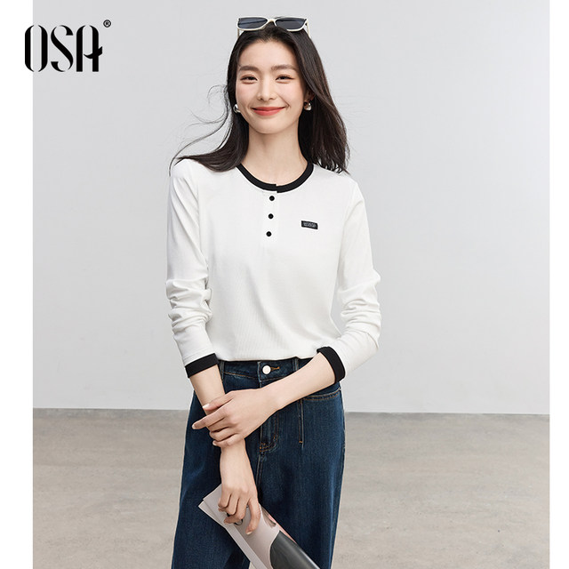OSA White Thin T-shirt Women's Simple Round Neck T-shirt 2025 New Spring Contrast Edge Long ...
