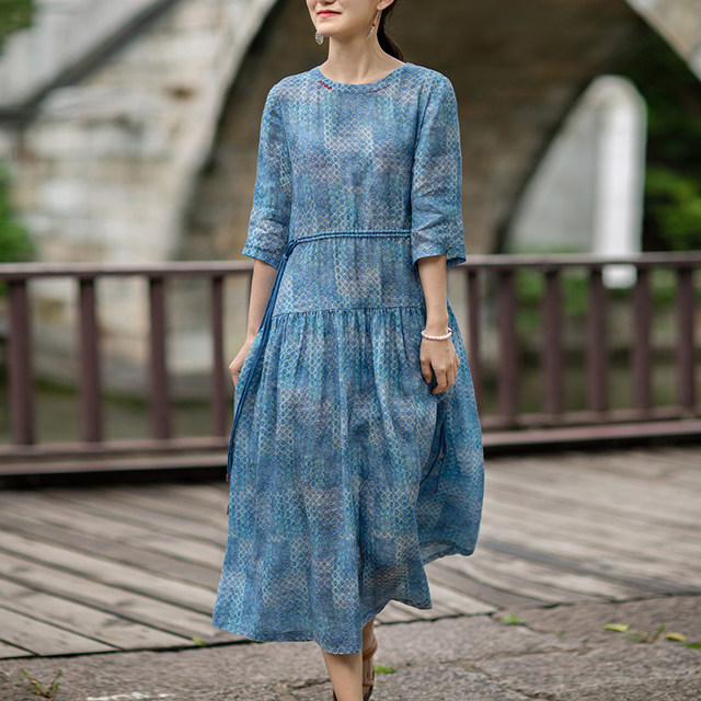 Wangcheng H081/Shui Wave Gentle/2022 summer new style 42-pin ramie polka dot printed round neck ...