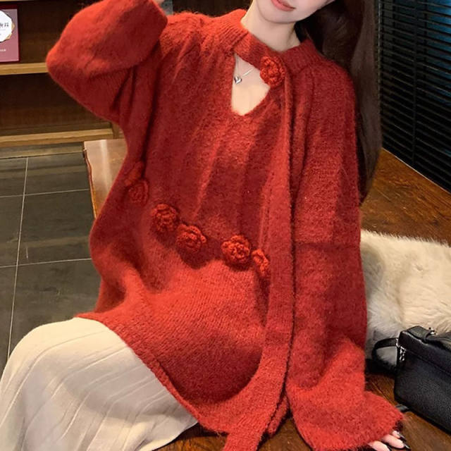 High-end gentle red knitted sweater lazy age-reducing top chic + skirt suit