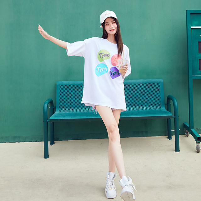 Trendy cool girl design niche unique fun printed loose big long t-shirt ...