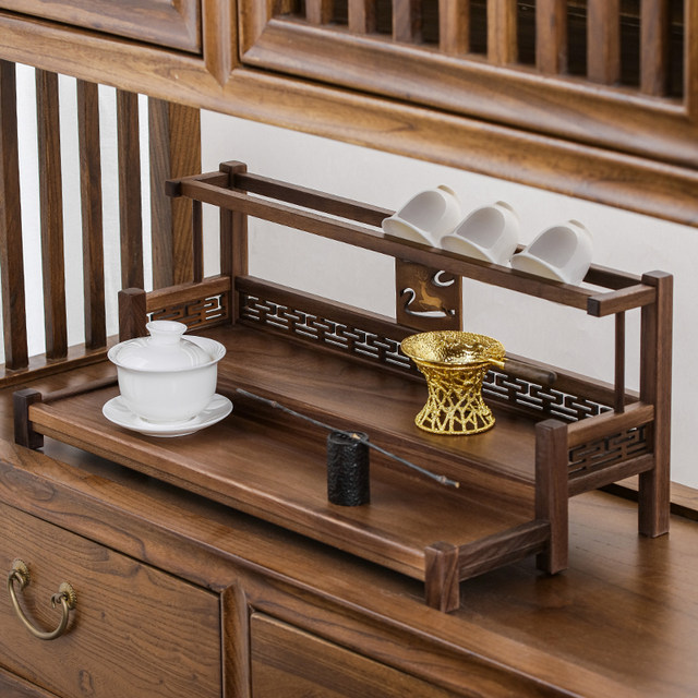 North American walnut storage rack double-layer tea set rack solid wood ...