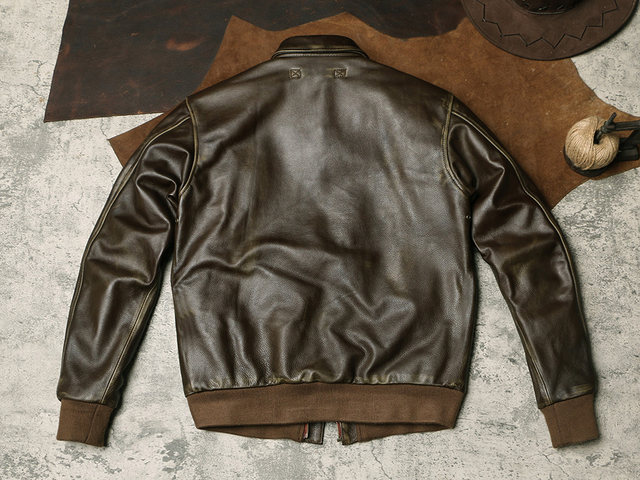 A2 olive top layer cowhide leather jacket, vintage rubbed leather lapel ...