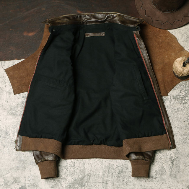 A2 olive top layer cowhide leather jacket, vintage rubbed leather lapel ...