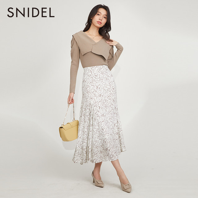 Snidel spring and summer sweet solid color printing asymmetric chiffon umbrella skirt satin ...