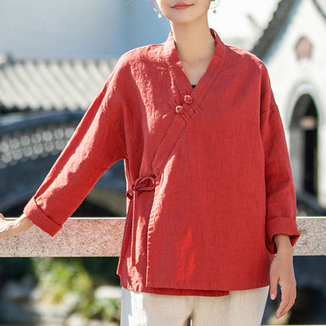 Retro cotton and linen V -neck tie with oblique plate buckle top girl ...