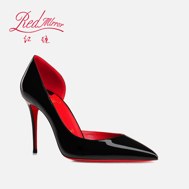 Red mirror high heels with red sole exposed toe seams and side empty ...