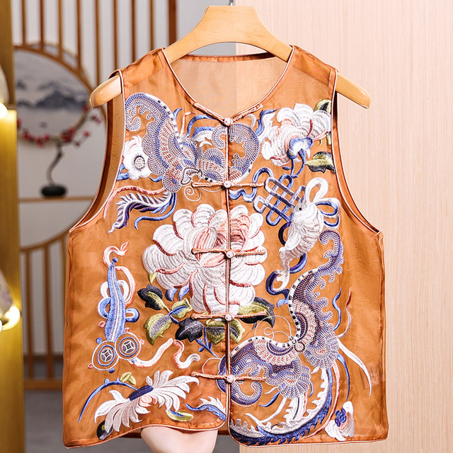 New Chinese style vest summer silk mulberry silk Tang suit retro ethnic ...
