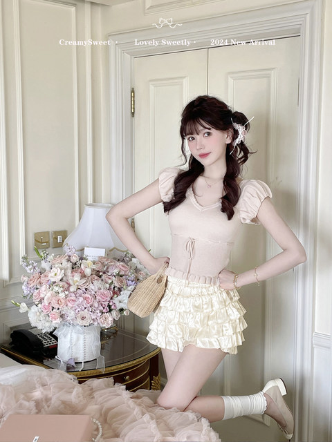 CreamySweet Favorite Cloud Sleeve 30 Wool V-neck Purple Sweater Women's Slim Short Sleeve Top