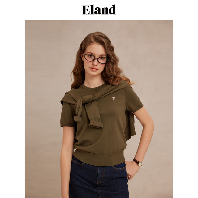 Eland Clothes Knitted T-shirt for Women Ribbed Round Neck Straight ...