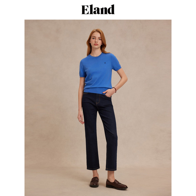 Eland Clothes Knitted T-shirt for Women Ribbed Round Neck Straight ...