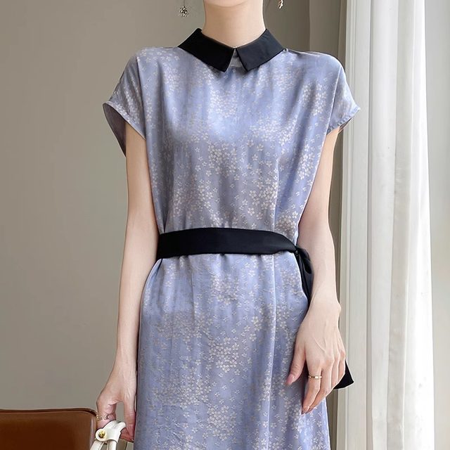 Acetate satin short-sleeved dress for women, half high neck printed ...