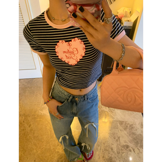 Jinyu Huahua striped front shoulder short-sleeved women's T-shirt ...