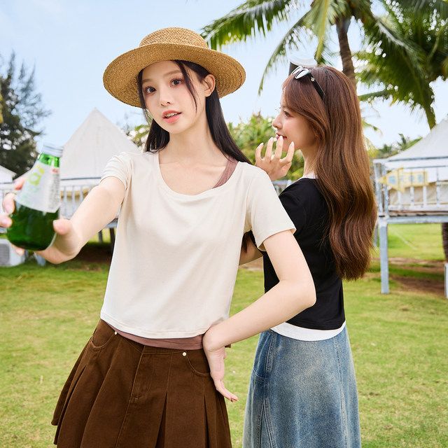 Tang Shi fake two-piece short-sleeved T-shirt for women's summer shirt ...