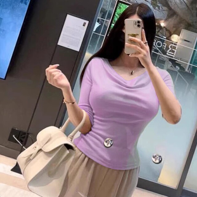 Swing collar top, three-quarter sleeve bottoming shirt for women, stretch modal summer purple T ...