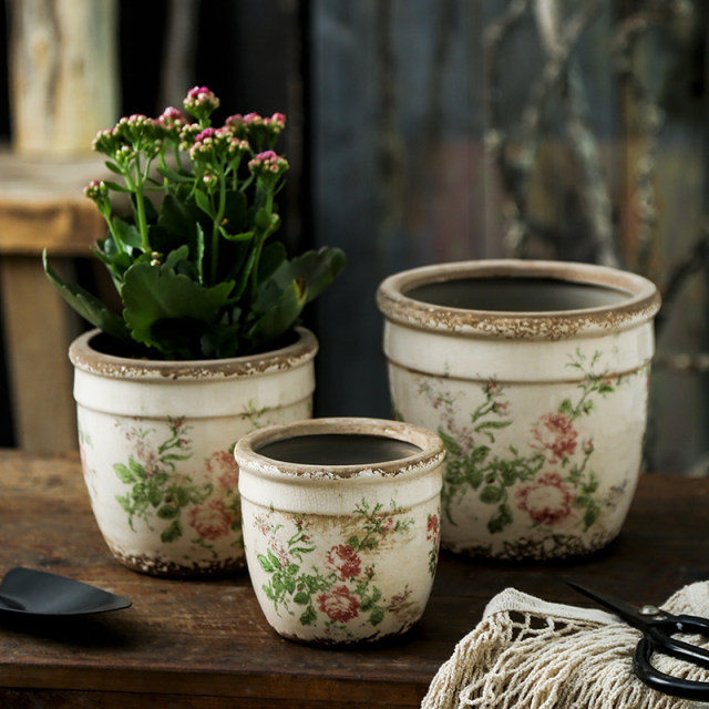 French retro making old pink rose ceramic flower pots garden art flower ...