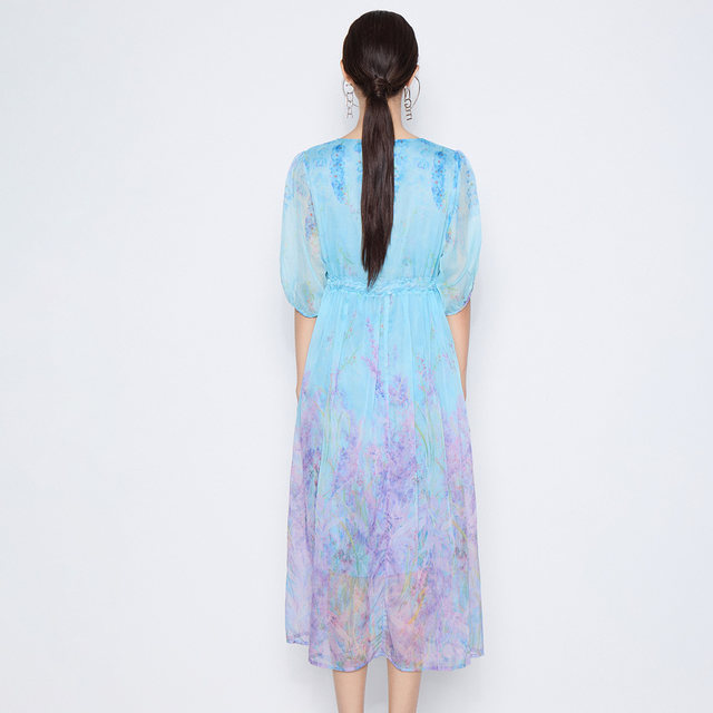 Ma Tiannu 2025 summer new blue printed chiffon dress V-neck lace waist ...