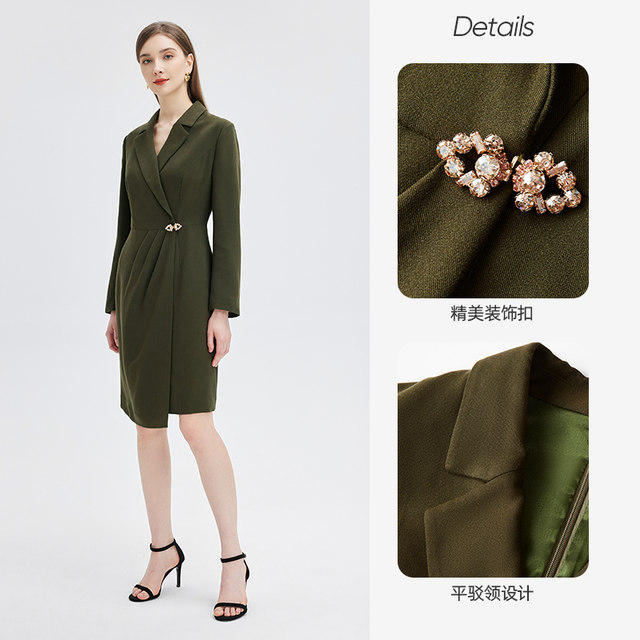 Authentic Ma Tiannu girl autumn and winter green suit collar dress slim ...
