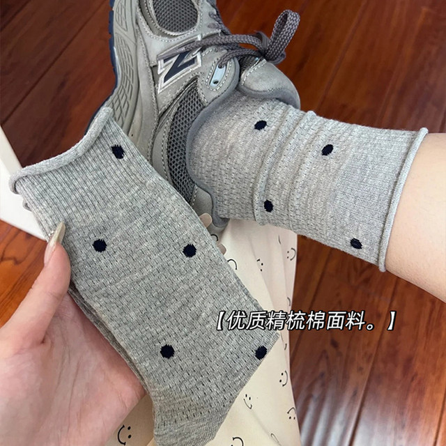 Gray polka dot pile socks for women in summer thin pure cotton medium ...