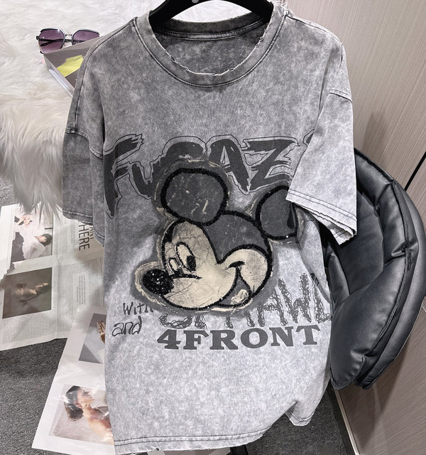 Sequin print cartoon Mickey creative ripped short short-sleeved T-shirt ...