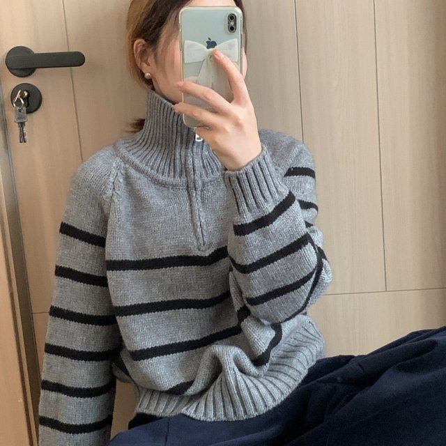 In addition, high collar half zipper striped contrasting color college ...