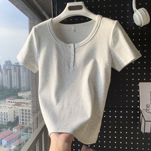 American retro round neck grey shoulder T-shirt for women short-sleeved ...