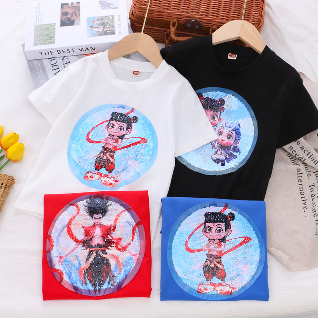 Boys pure cotton Nezha color-changing sequin short-sleeved T-shirt 25 ...