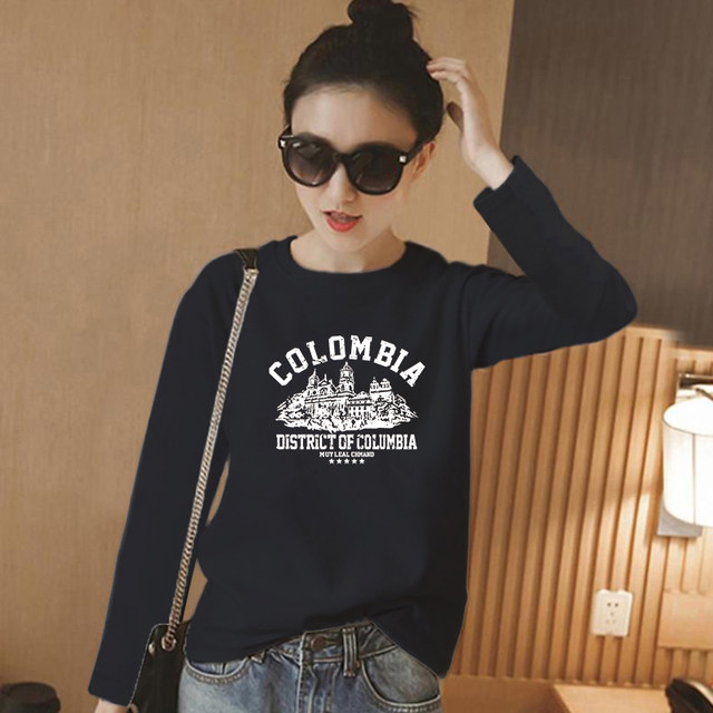 Positive shoulder female T -shirt long -sleeved pure cotton loose white ...