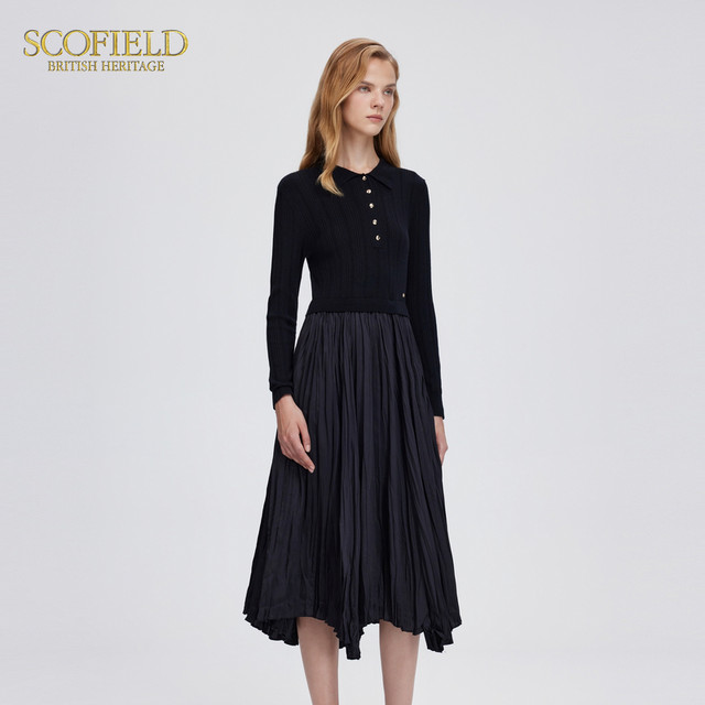 Scofield Women's POLO Lapel Needle and Shuttle Patchwork Dress Long ...